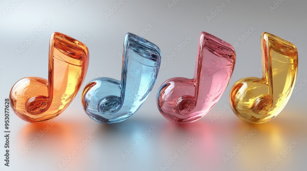 3D render of colorful shiny glass musical note symbols on a metallic ...