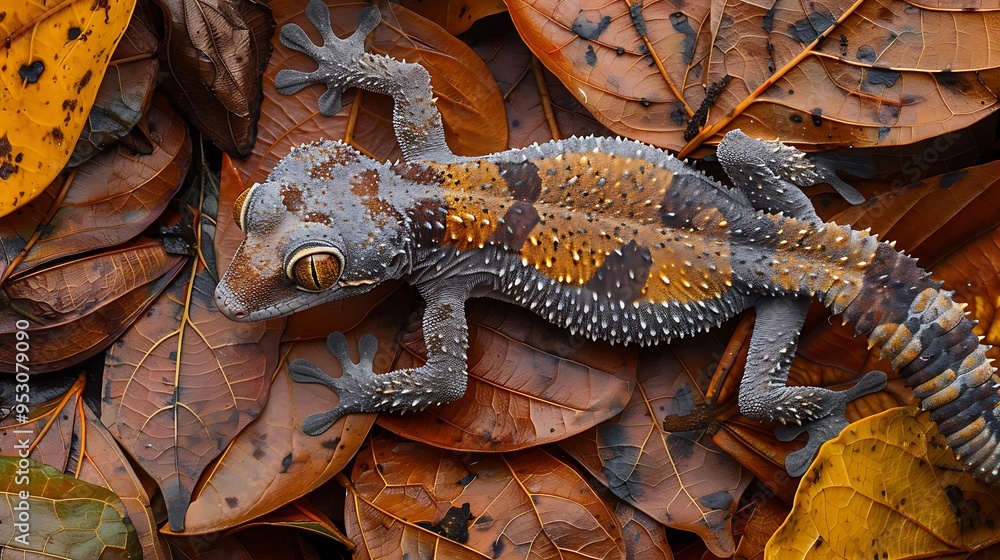 Satanic leaf-tailed gecko perfectly camouflaged among dead leaves, its ...