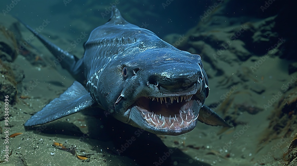 Goblin shark with its protruding jaws extended, poised for a deep-sea ambush attack ...