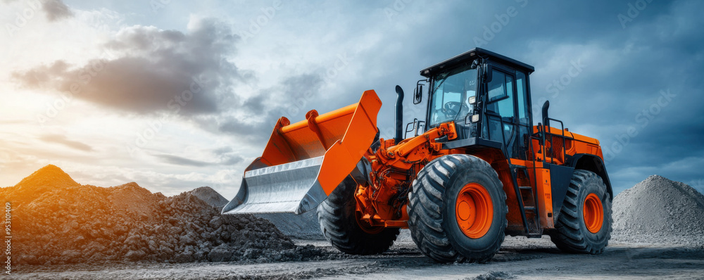 An orange bulldozer at a construction site, with large wheels and a ...