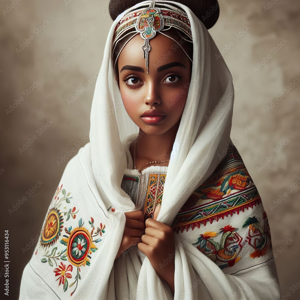 Ethiopian Habesha Kemis A girl in a white habesha kemis with col Stock ...