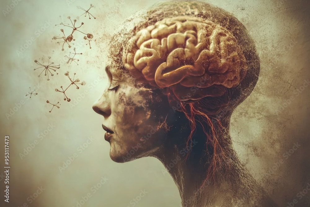 Surreal digital artwork depicting a side profile of a person with ...