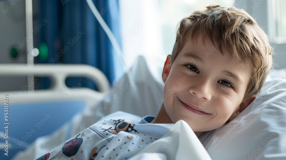 Smiling Boy Patient in Hospital Bed Stock Photo | Adobe Stock