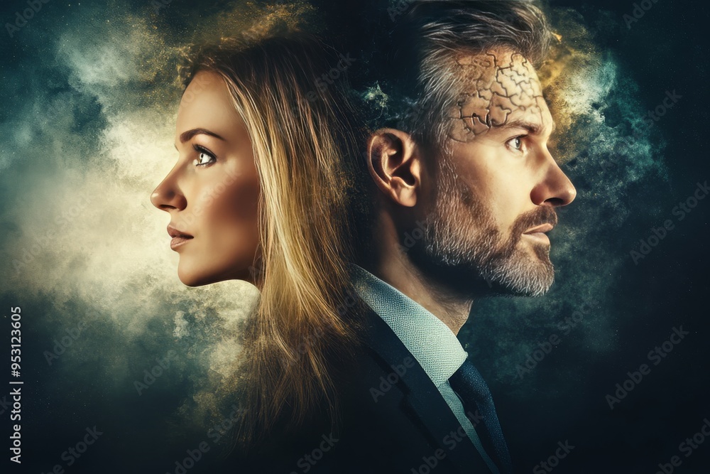 Artistic digital portrait of a couple with fragmented tech inspired ...