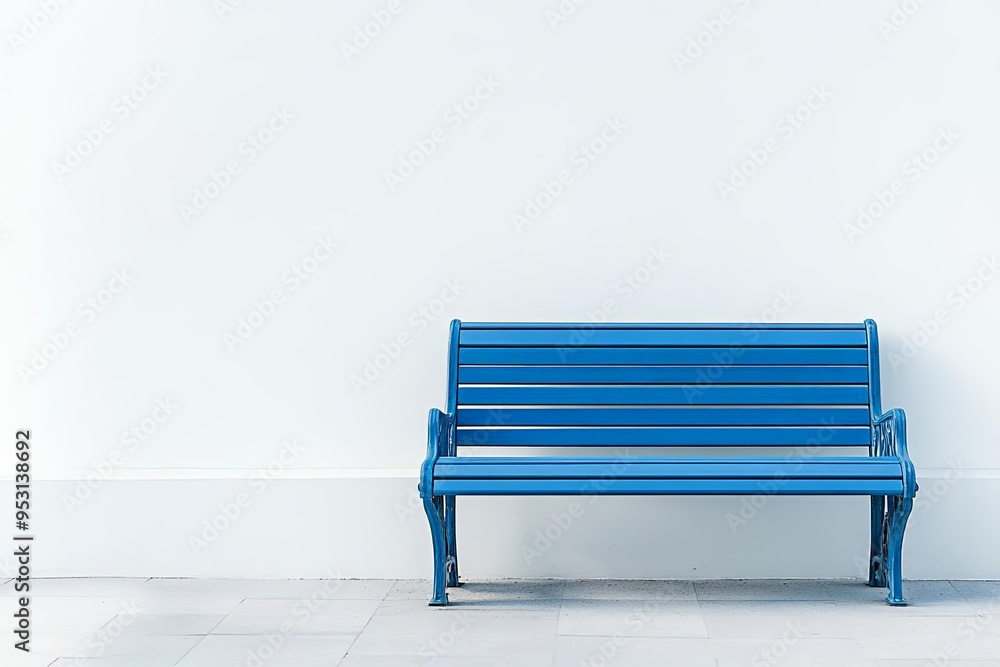 Blue bench on a plain white background, positioned on the upper right ...