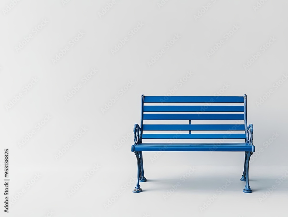 Blue bench on a plain white background, positioned on the upper right ...