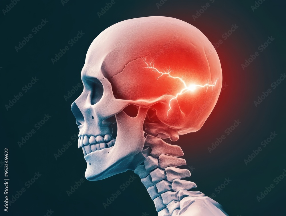 X-ray of a human skull showing a visible fracture line with highlighted ...