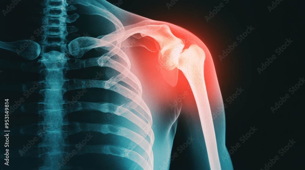 X-ray illustration of a shoulder joint with a highlighted rotator cuff ...