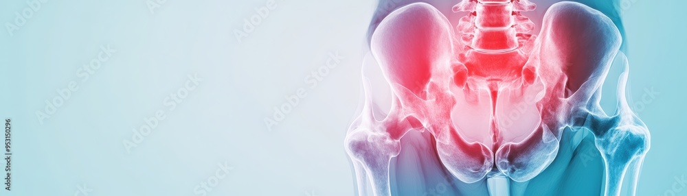 Medical illustration of hip dysplasia in X-ray view, showing pain areas ...