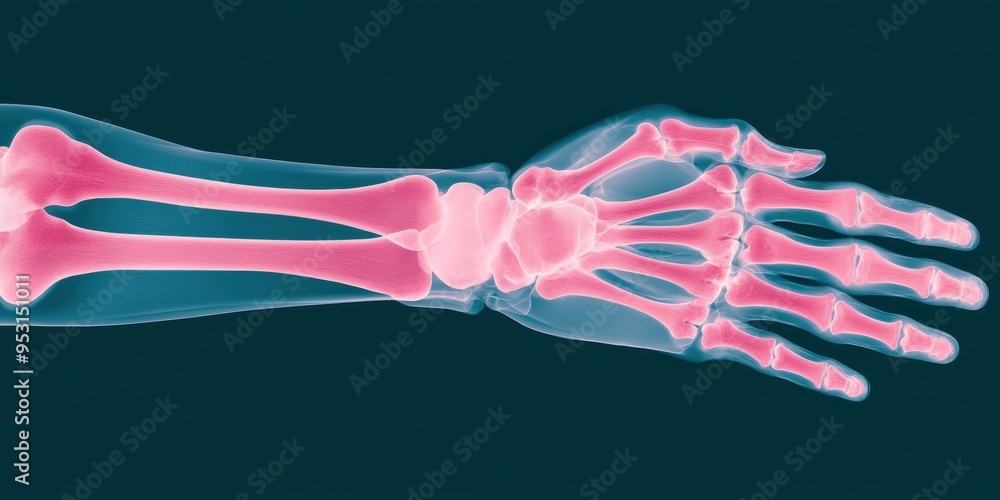 X-ray view of a wrist with repetitive strain injury, detailed medical ...