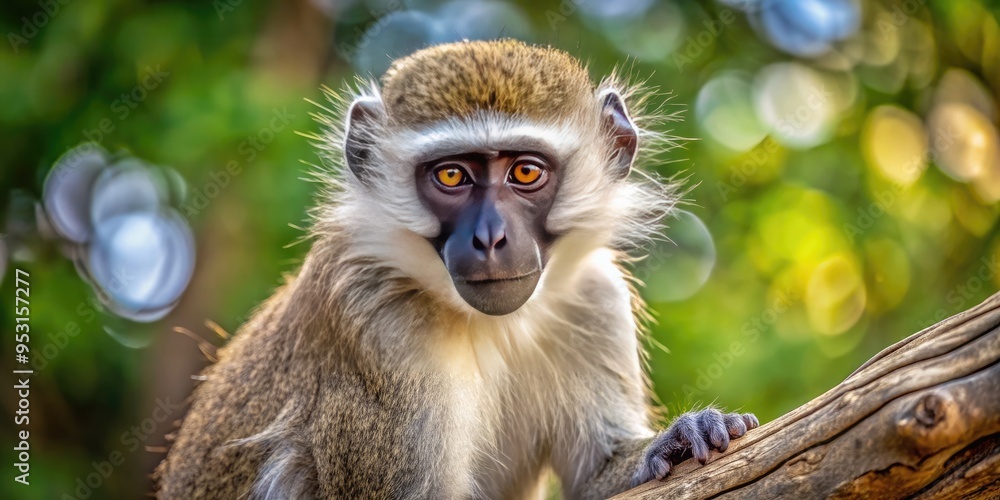 Agile vervet monkey with expressive brown eyes and grey fur perches on ...
