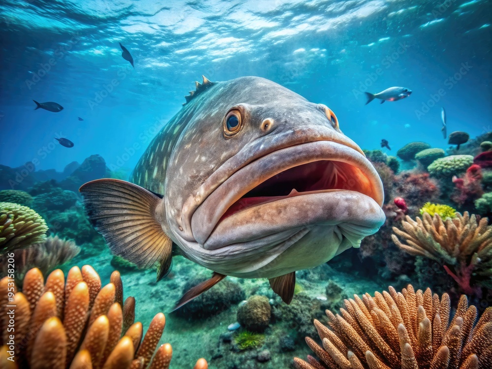 A large greyish-brown grouper fish swims near the ocean floor, its ...