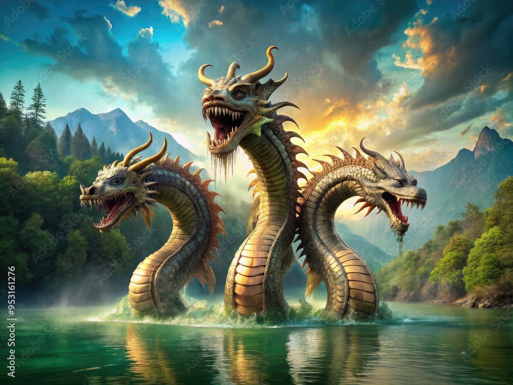 A majestic mythical Hydra emerges from the depths of a serene lake, its ...