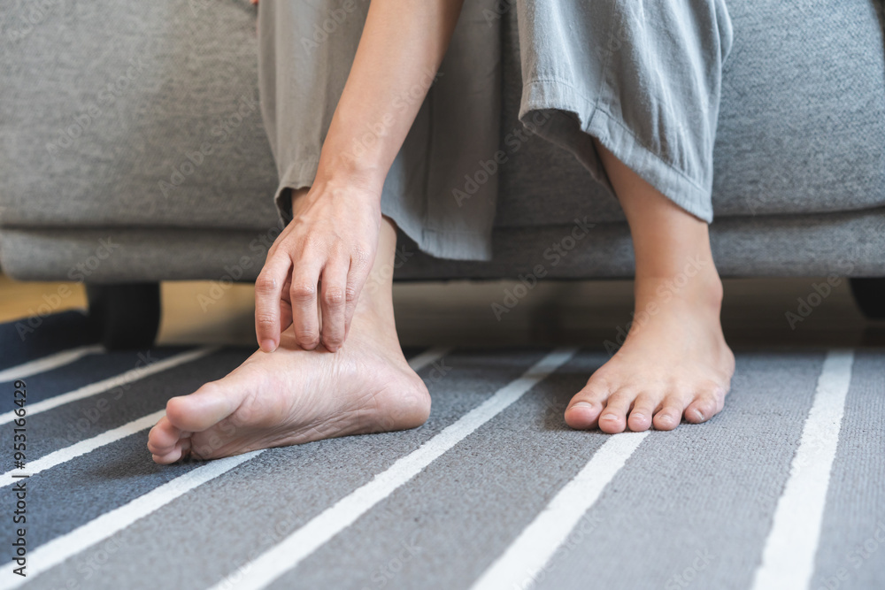 Foto de Stock Foot pain, ache asian young woman hand scratch feet, itch ...