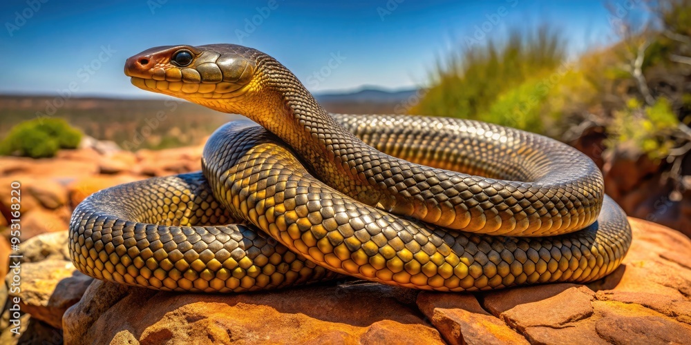 A venomous inland taipan snake, also known as fierce snake, coils on a ...