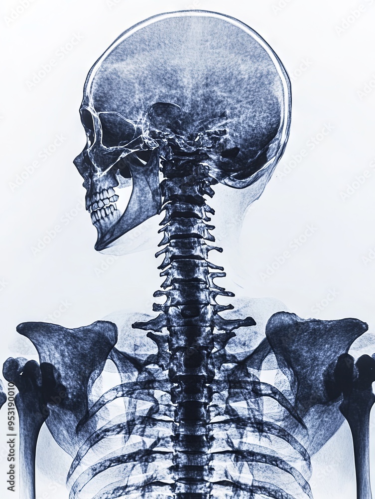 X-ray image depicting a detailed view of a human skeletal system ...