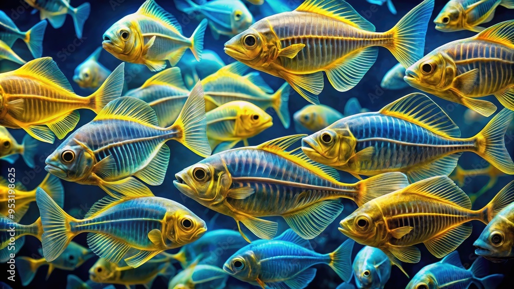 Vibrant yellow and blue X-ray fish swim together in a school, their ...