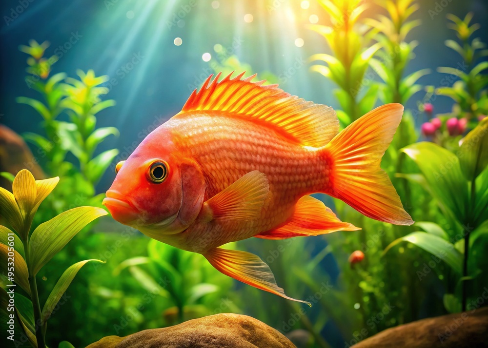 A vibrant red tilapia fish swims through lush aquatic plants in a ...