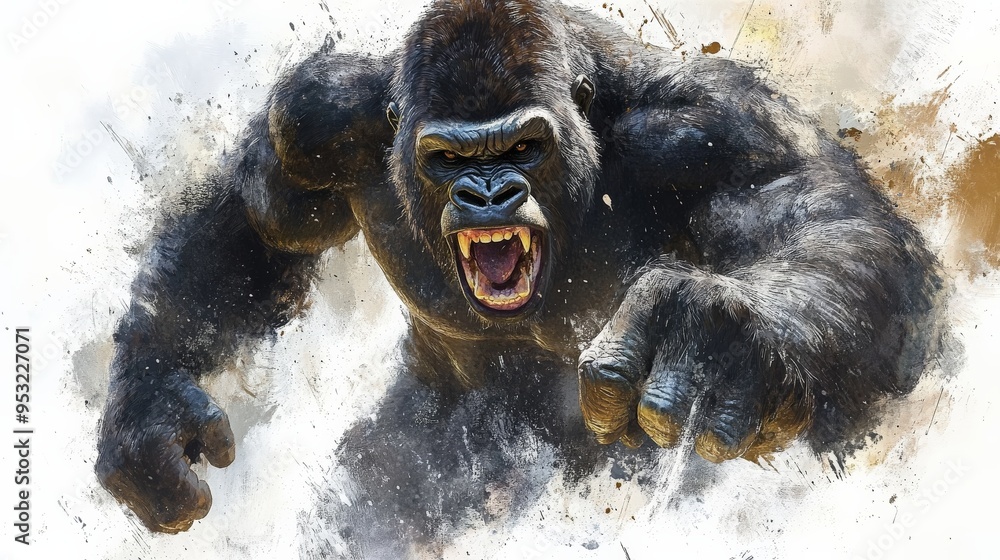 Gorilla Fury: A fierce and powerful gorilla charges forward, teeth ...