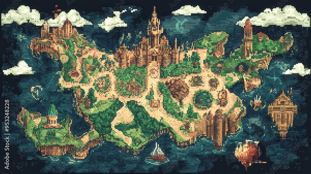 Retro Fantasy World Map - Nostalgic 8-Bit Pixel Art Adventure Planning ...