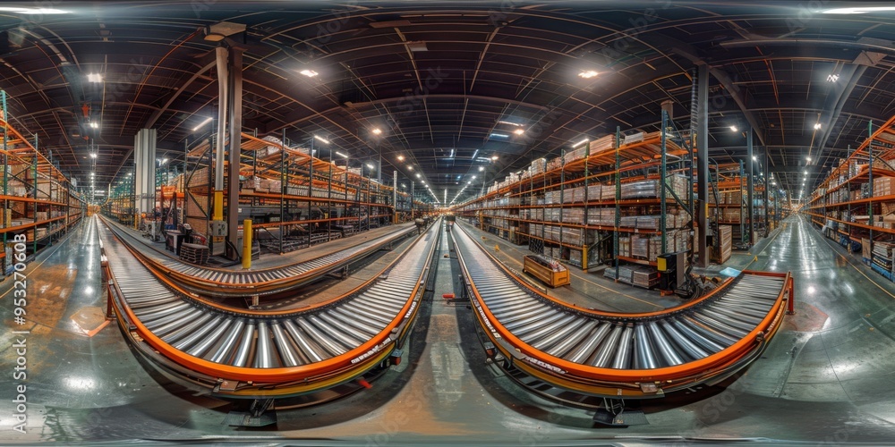 An immersive 360-degree panorama of a high-tech logistics center, where ...