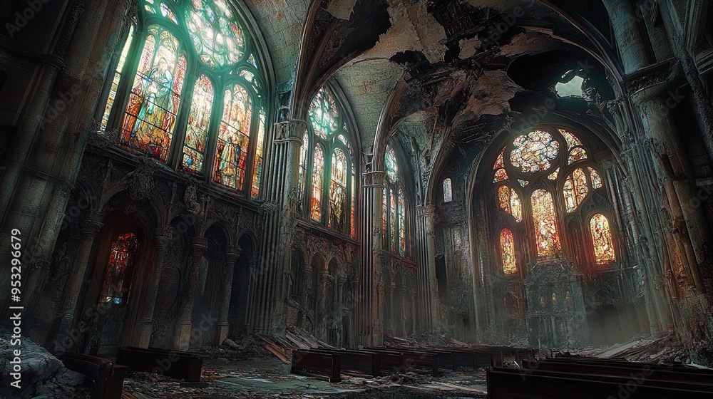 The image features an abandoned, decaying cathedral with intricate ...