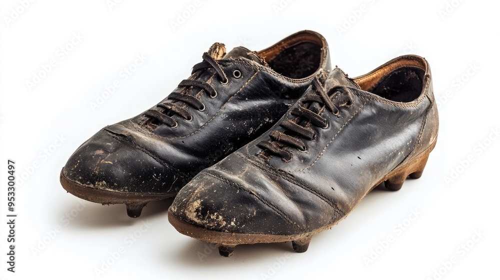A pair of worn black leather football soccer boots, showing signs of ...