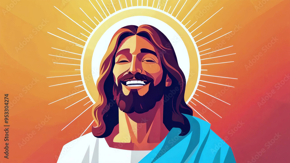 Jesus Christ in cartoon flat design style smiling with rays of light on ...