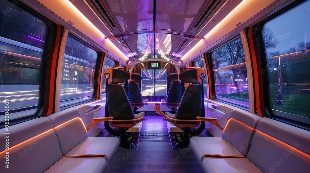 Interior of a modern train with two seats facing each other. The seats ...