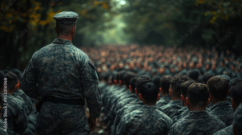 A drill sergeant instructing new recruits, capturing the rigor of ...