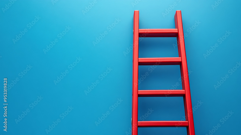 This image features a red ladder set against a blue background ...