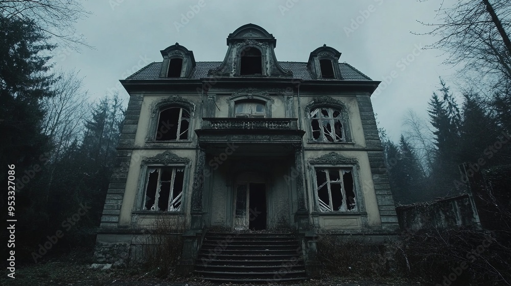 An abandoned, dilapidated mansion stands amidst a foggy, overgrown ...