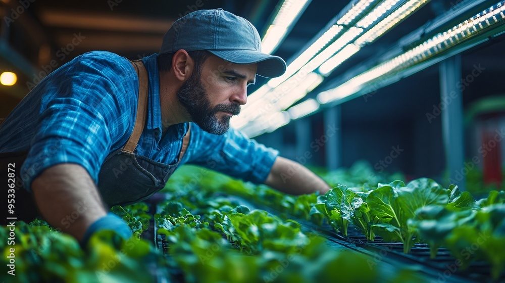 Farmer utilizing AI to analyze data on light and nutrient levels ...