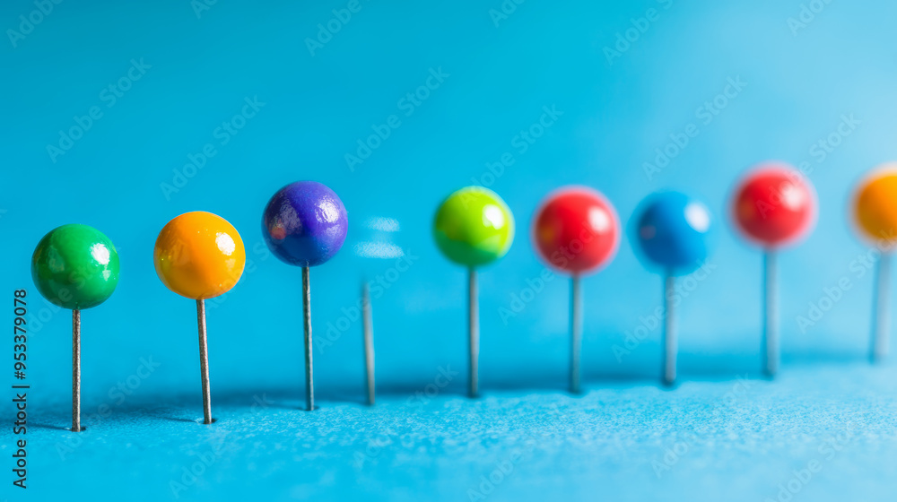 The image of colorful thumbtacks forming a bar graph over a blue ...