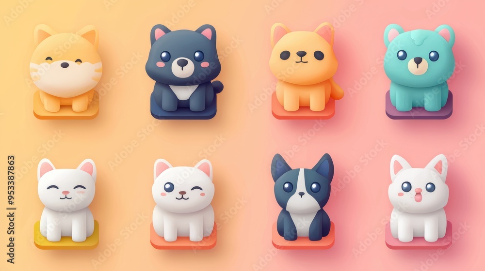 Vibrant 2D Pet Care Icon Set for App with Dogs, Cats, and Birds - Eye ...