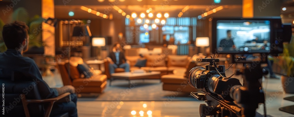 Creative team filming content in an airport lounge, media production ...
