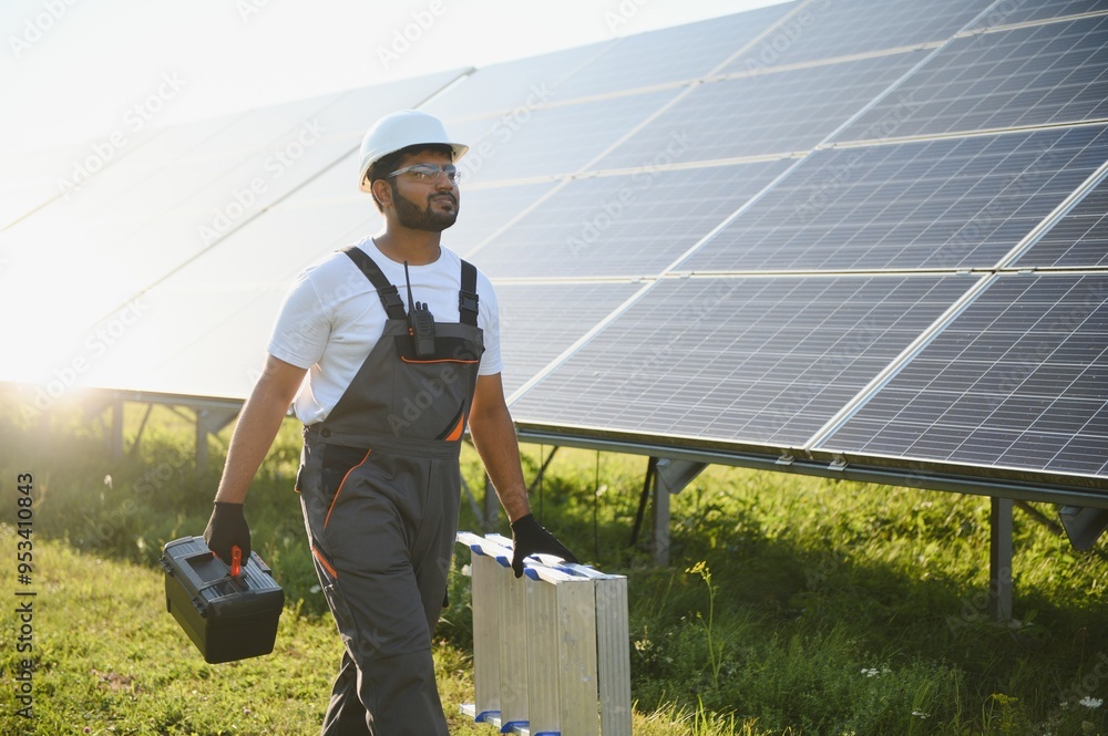 Indian man in uniform on solar farm. Competent energy engineer ...