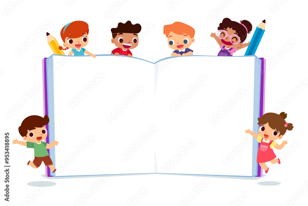 happy kids with blank open book Stock Vector | Adobe Stock