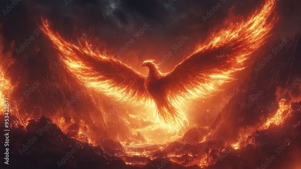 Resilience symbolized by a phoenix rising from ashes under a night sky ...