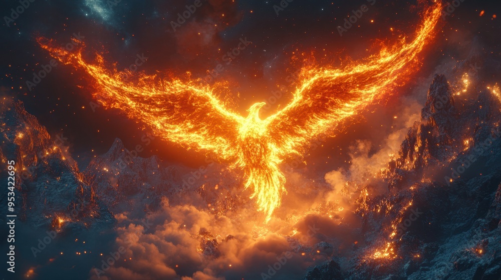 Resilience symbolized by a phoenix rising from ashes under a night sky ...
