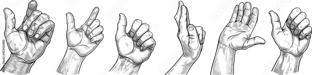 Realistic hand drawn gestures including clenched fist pointing finger ...