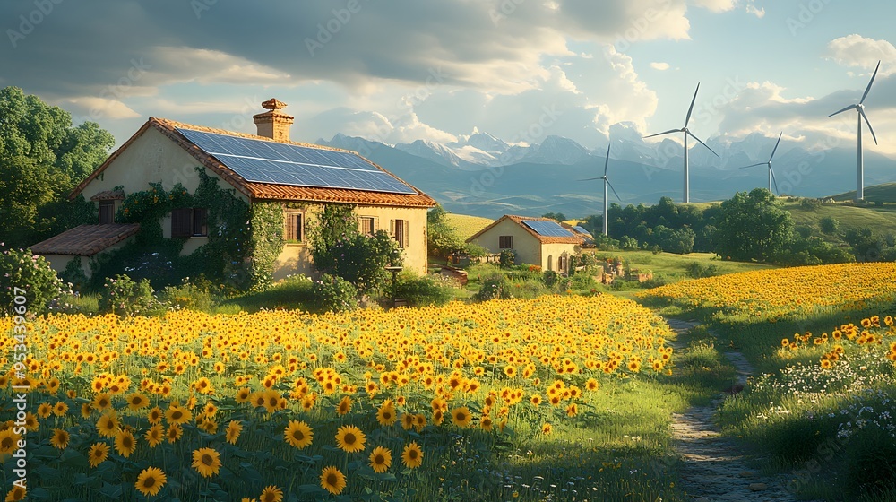 Renewable energy in villages with solar panels and wind turbines ...