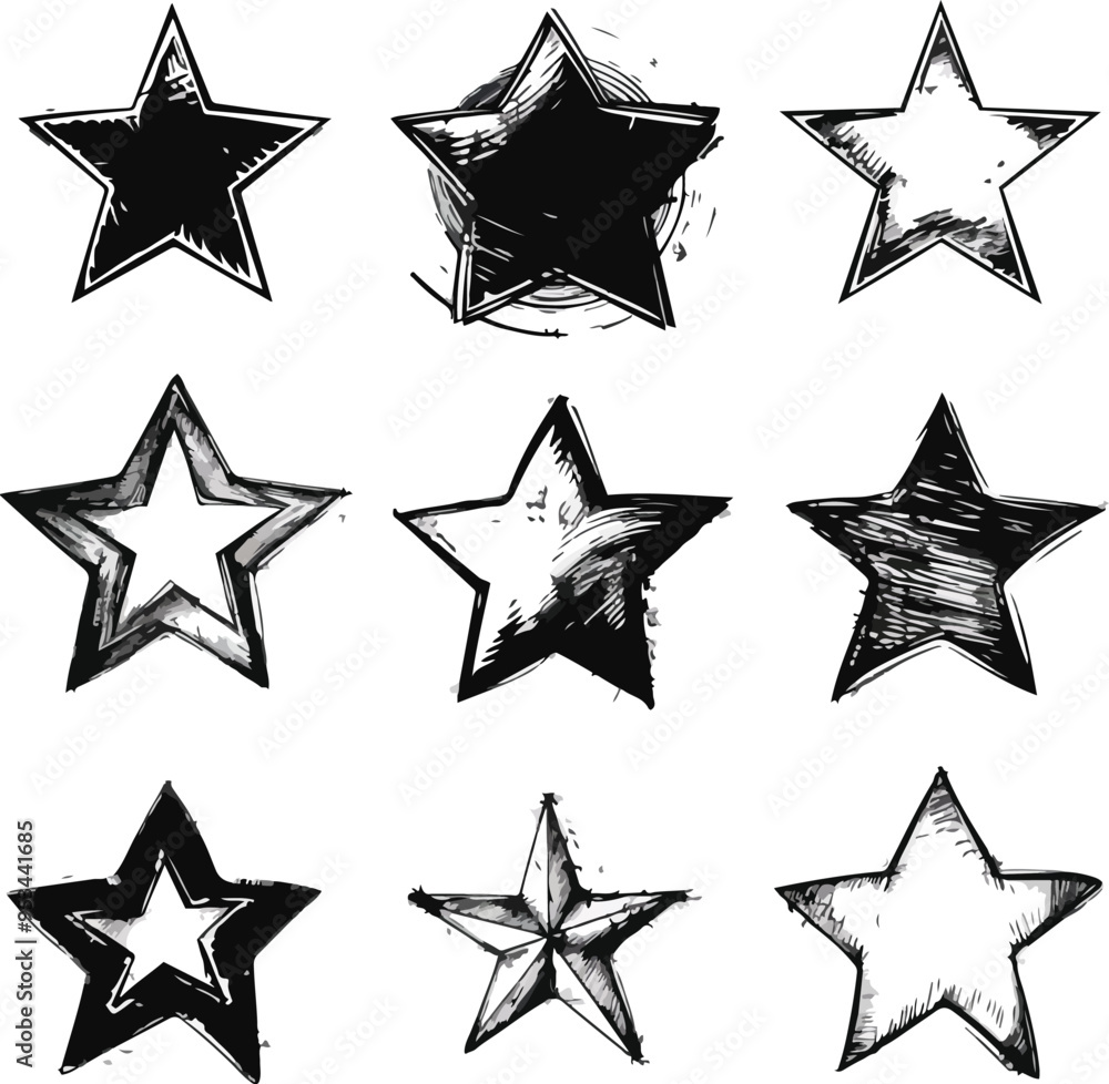 charcoal doodle star illustrations nine hand drawn five point stars as ...