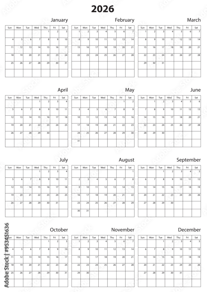 2026 Calendar Template. Vector calendar. Week starts sunday. Calendar ...