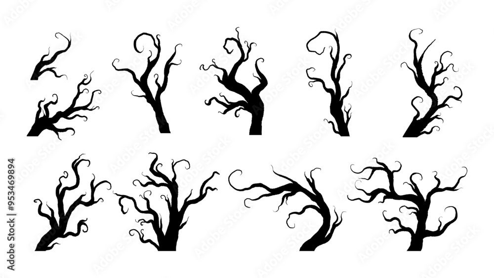 Set of eerie tree silhouettes for Halloween, featuring twisted, creepy ...