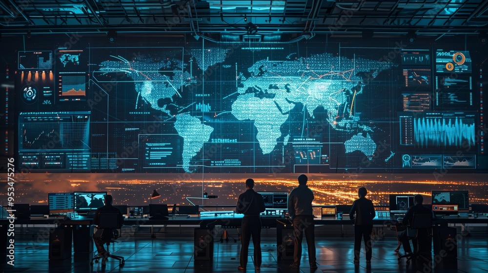 Cybersecurity professionals in a modern control room, analyzing data on ...