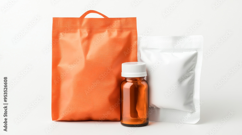Collection of packaging items including a bottle and pouches in orange ...