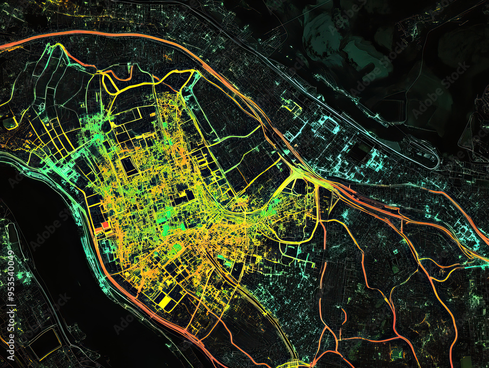 Technical aerial visual, 3D LiDAR GIS aerial map satellite scan model ...