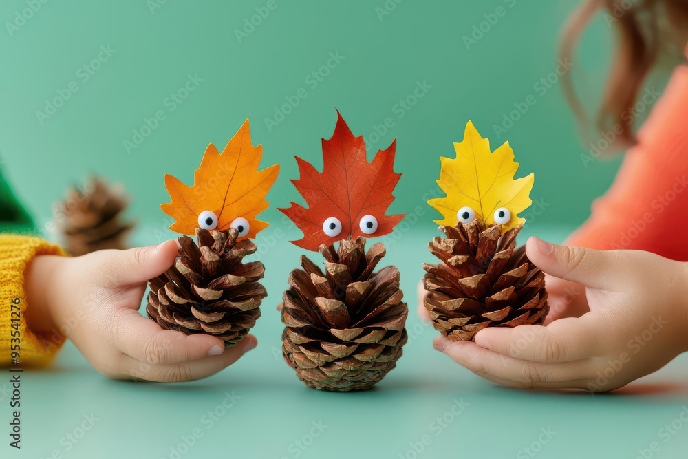 Close-up of kids decorating pine cones with autumn leaves and googly ...