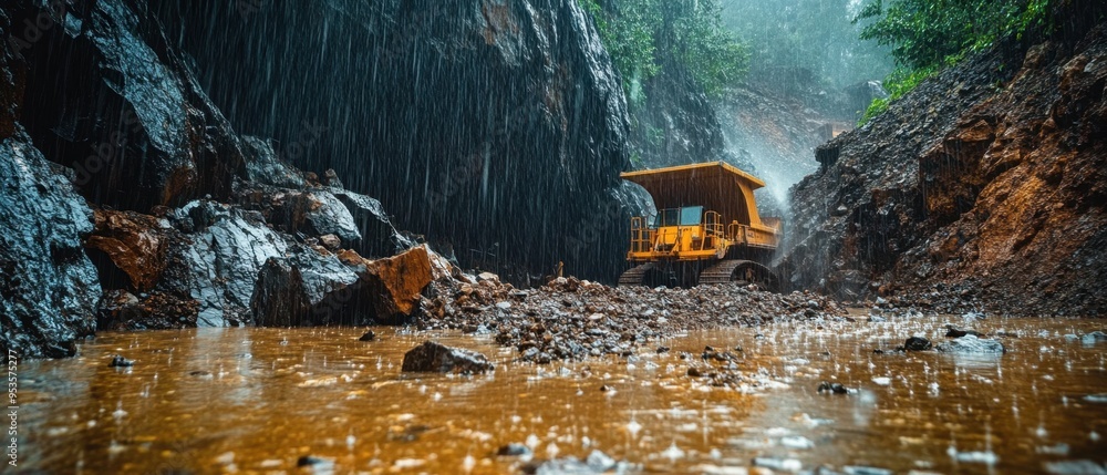 Mining site in the rain, gold miner focused on work, equipment and ...